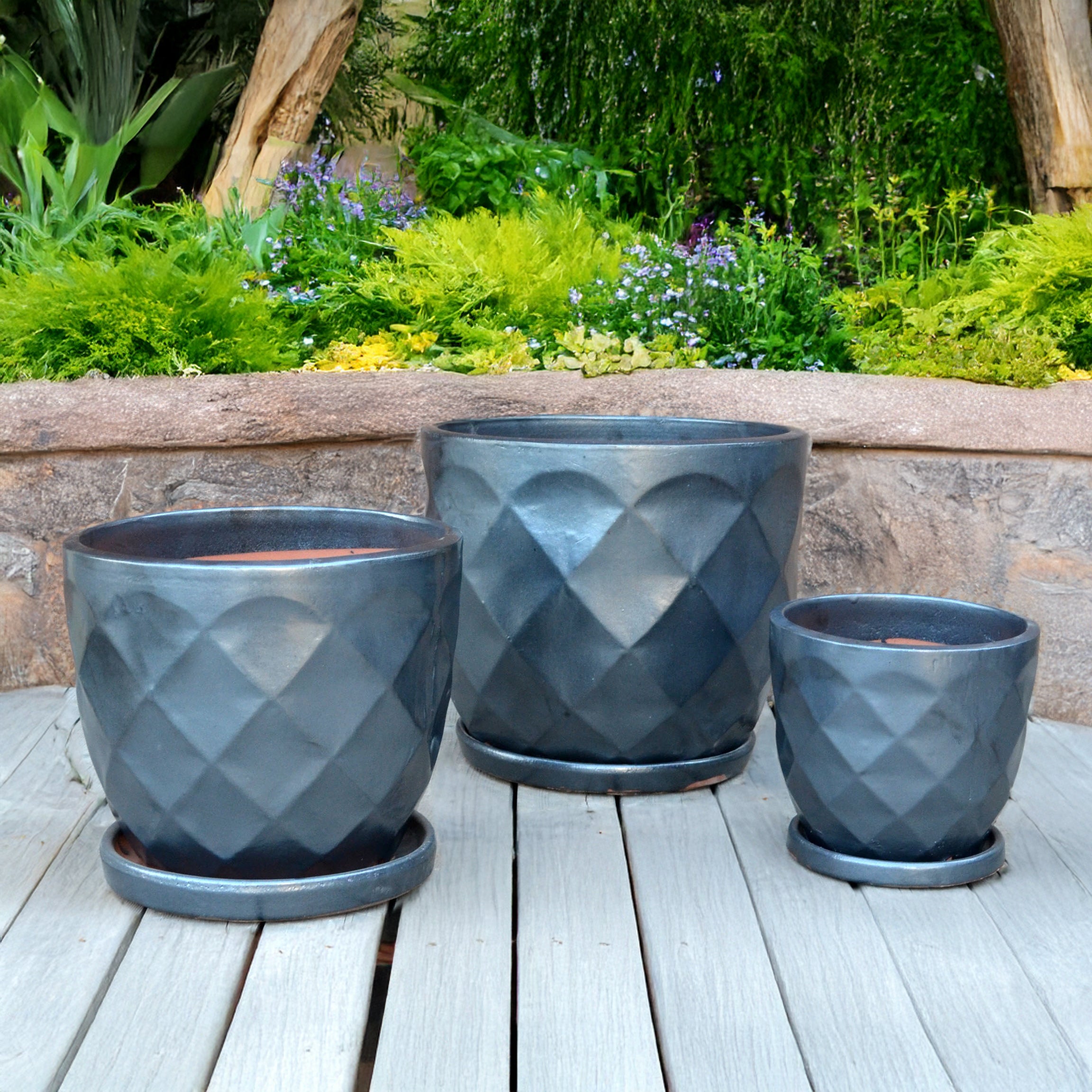 Palmers Branded Glazed Diamond Pot with Saucer - L